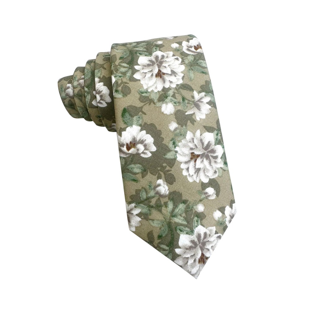 White Floral on Sage Green Skinny Tie With Matching Pocket Square Set ...
