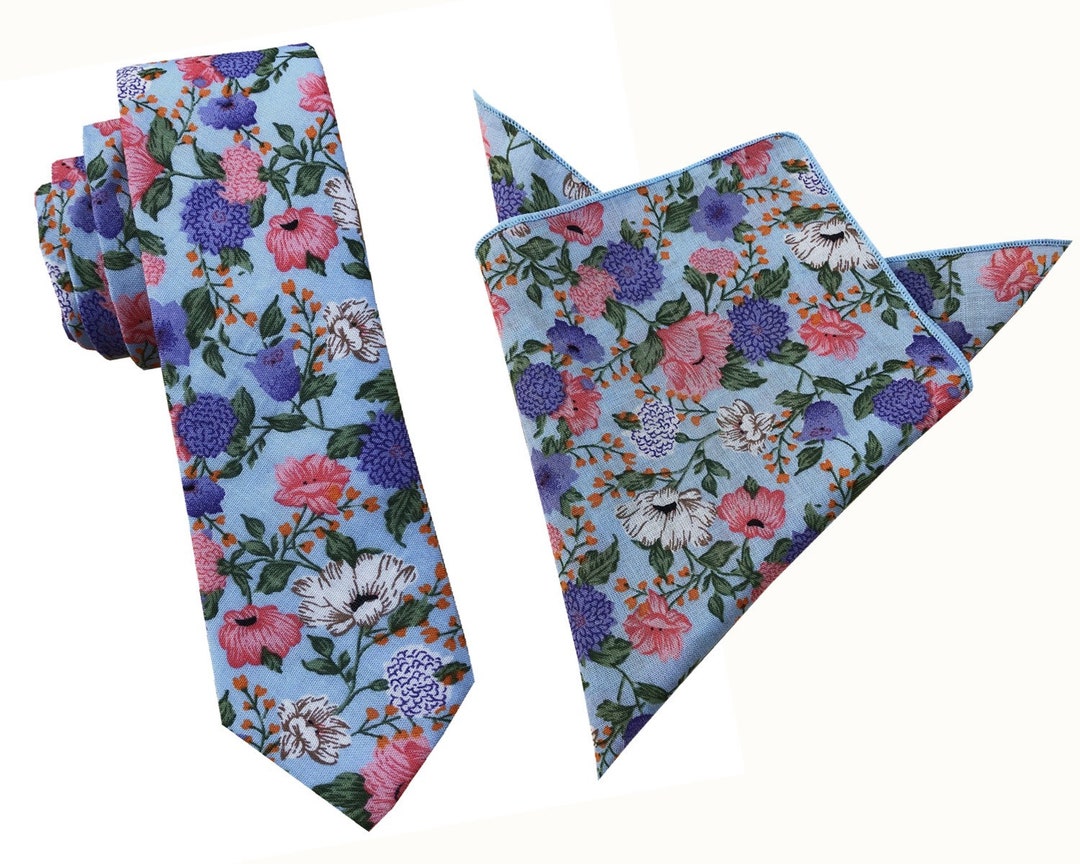 Light Blue With Peach Pink Floral Skinny Tie With Matching Pocket ...