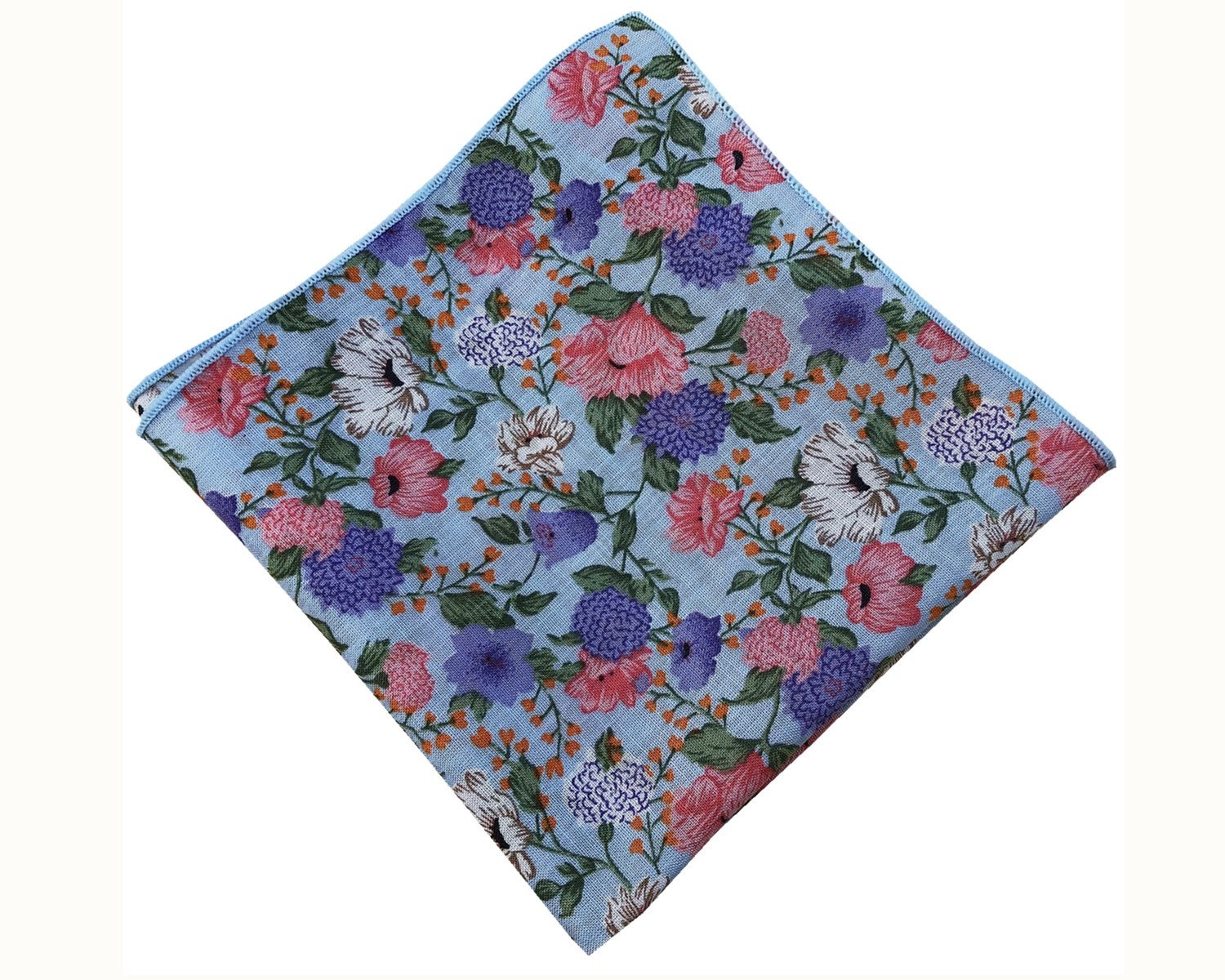 Light Blue With Peach Pink Floral Skinny Tie With Matching Pocket ...