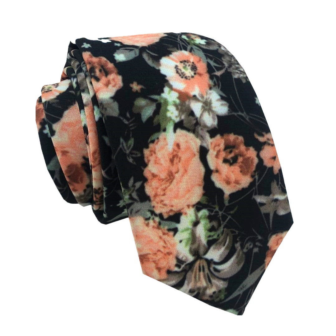 Black Peach Floral Cotton Tie Mens Necktie Neckties Gift for Groomsmen ...