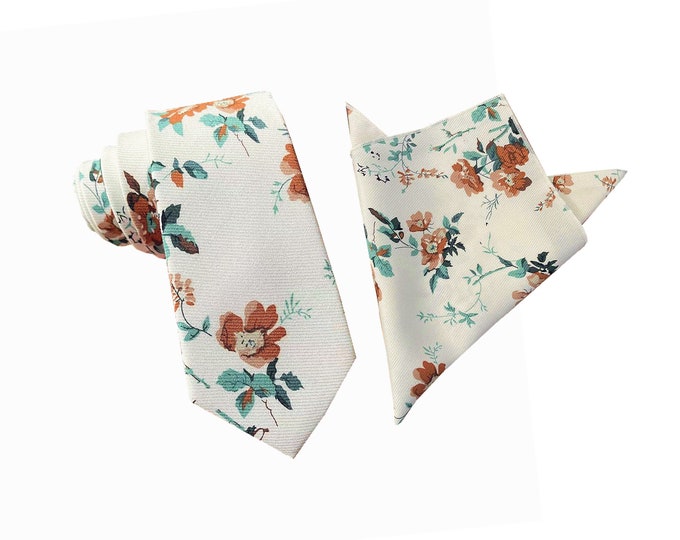 Rust Floral Skinny Tie With Matching Pocket Square Set Floral - Etsy