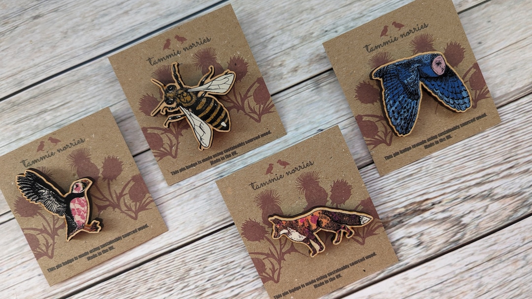 Wooden Pin Badges, Puffin Pin Badge, Fox Pin Badge, Bee, Owl Wooden Pin ...