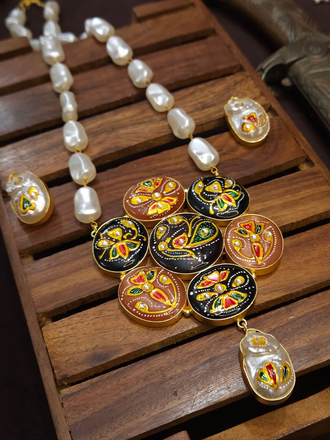 Rajwade Gold Finish Tanjore Necklace & Earrings: Indian Baroque Stone ...