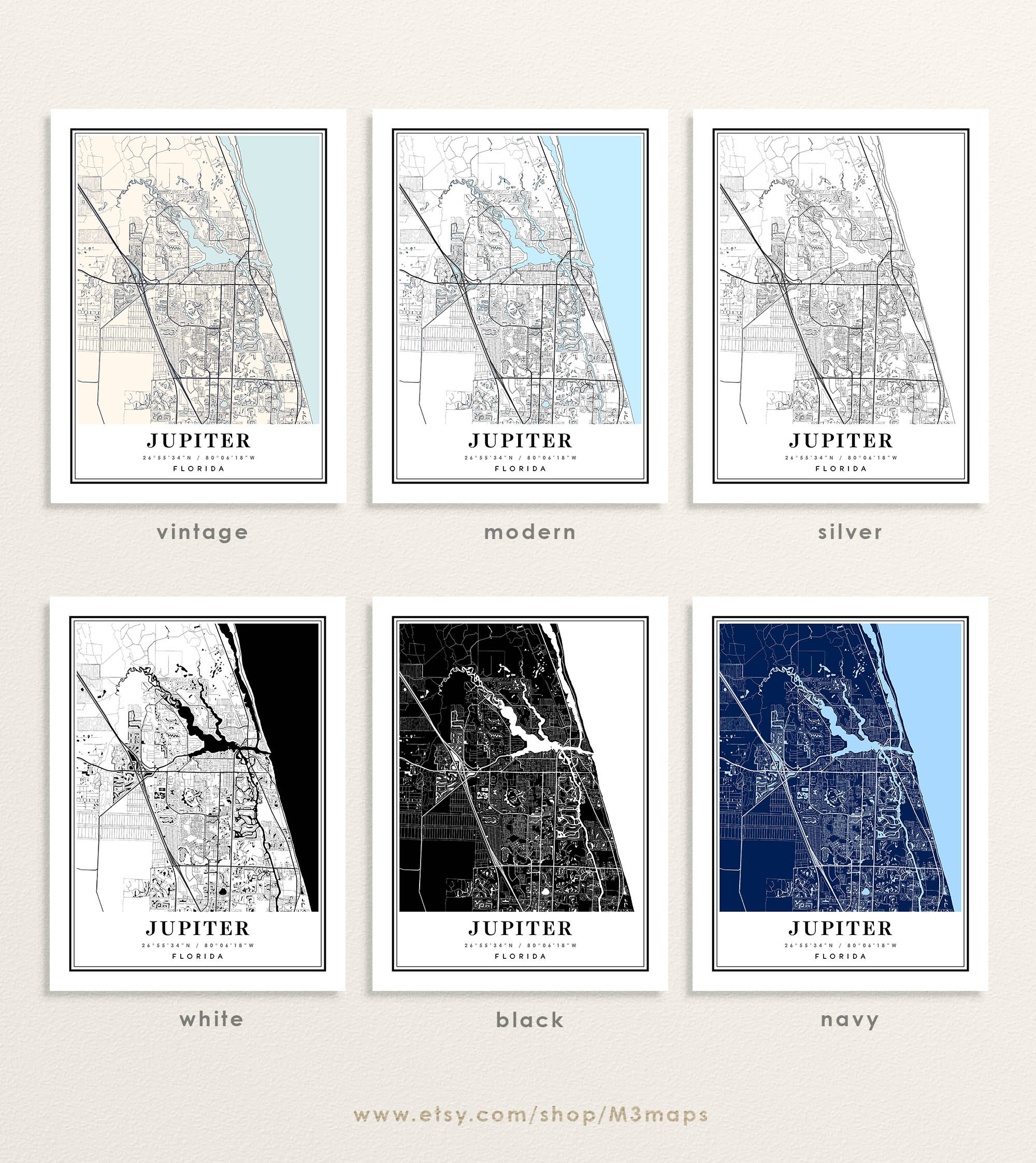 Mapa de Júpiter Florida Mapa de Júpiter FL Mapa de la ciudad - Etsy México