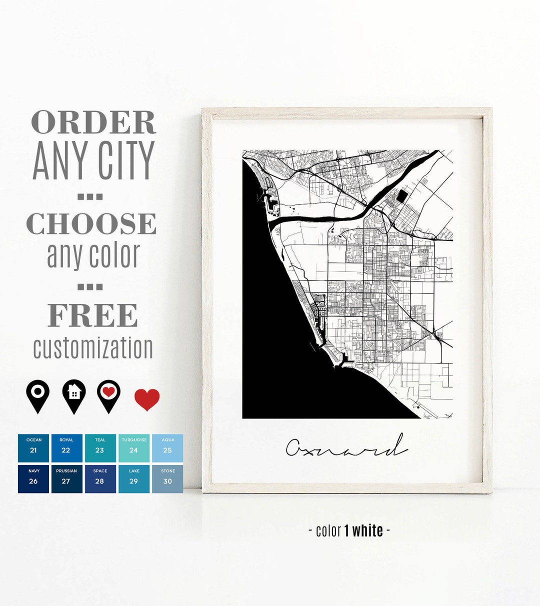 Oxnard, CA City Map Personalizable Poster Oxnard California Anniversary ...