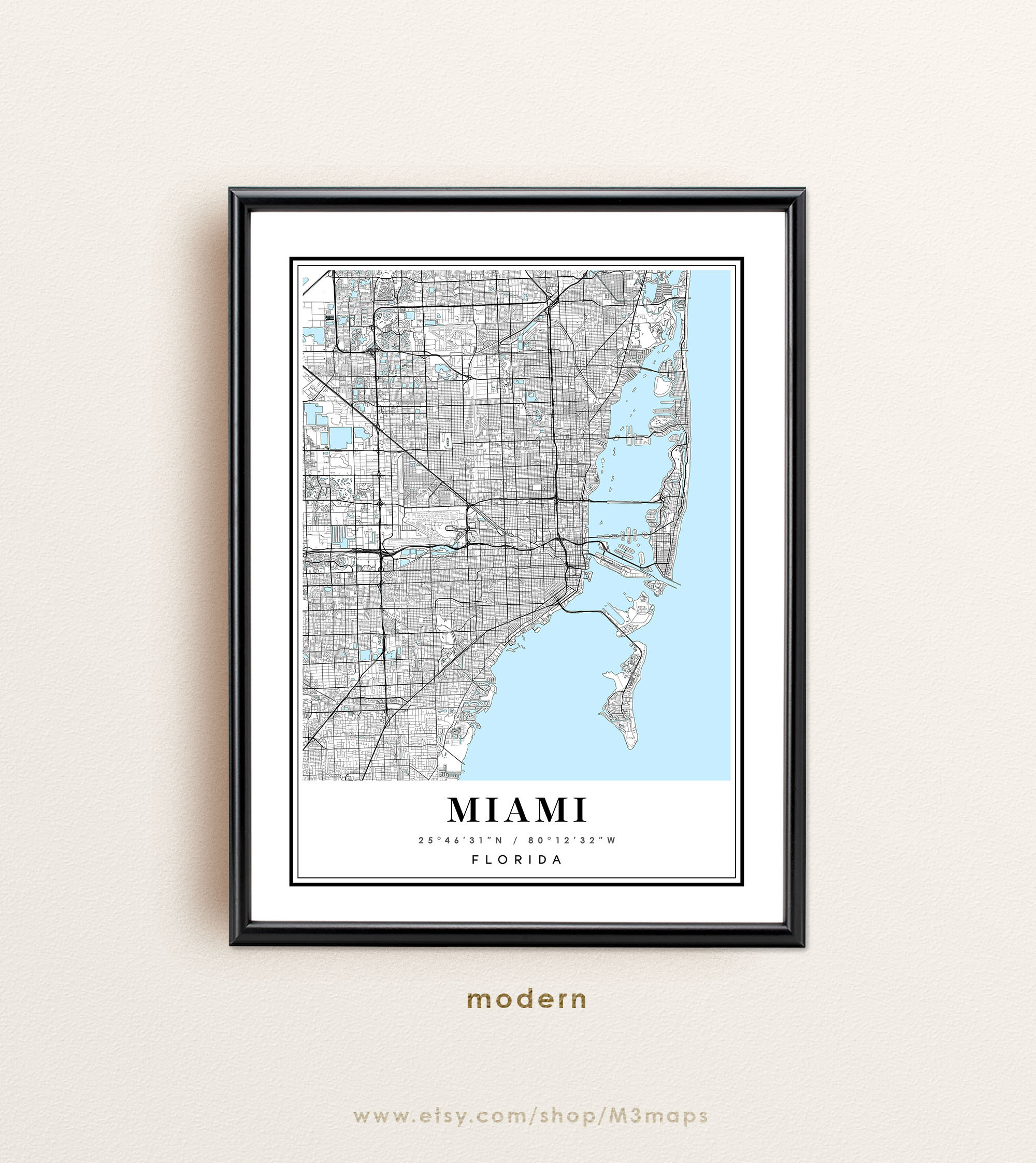 Mapa de Miami Florida mapa de Miami FL mapa de la ciudad de - Etsy México