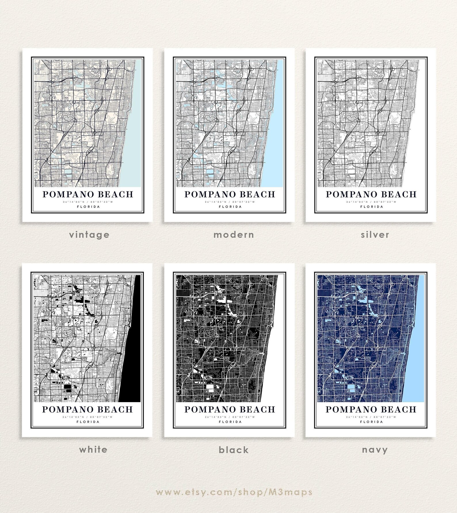 Pompano Beach Florida map Pompano Beach FL map Pompano Beach | Etsy