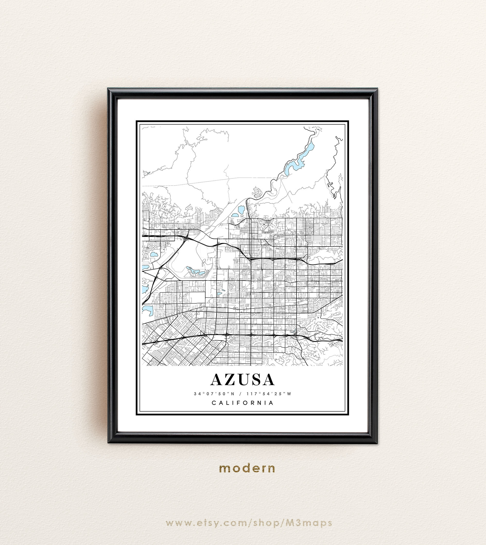 Mapa de Azusa California Mapa de Azusa CA Mapa de la ciudad - Etsy México