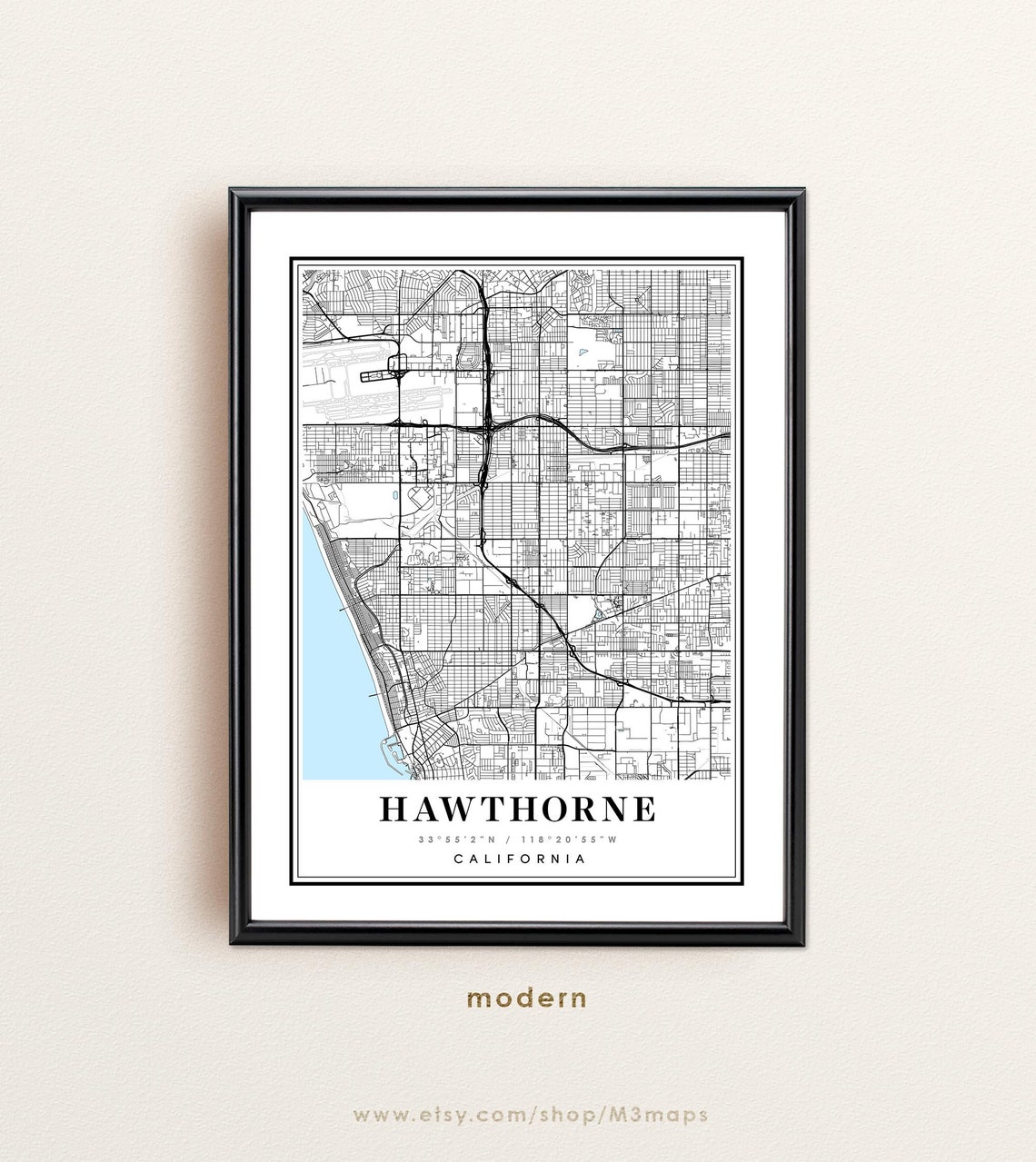 Hawthorne California map Hawthorne CA map Hawthorne city | Etsy
