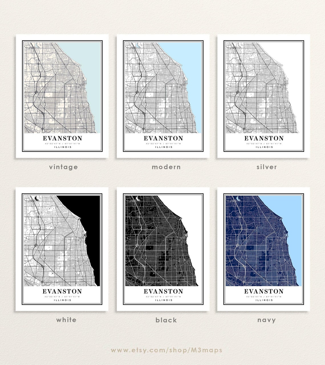 Evanston Illinois map Evanston IL map Evanston city map | Etsy