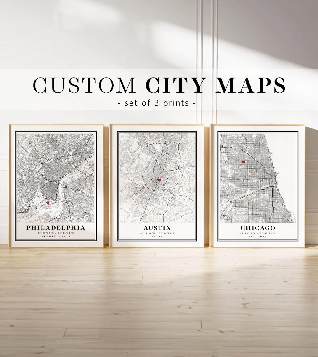 Custom City Map Art Print: Personalized Town Wall Decor (set of 3) - Etsy