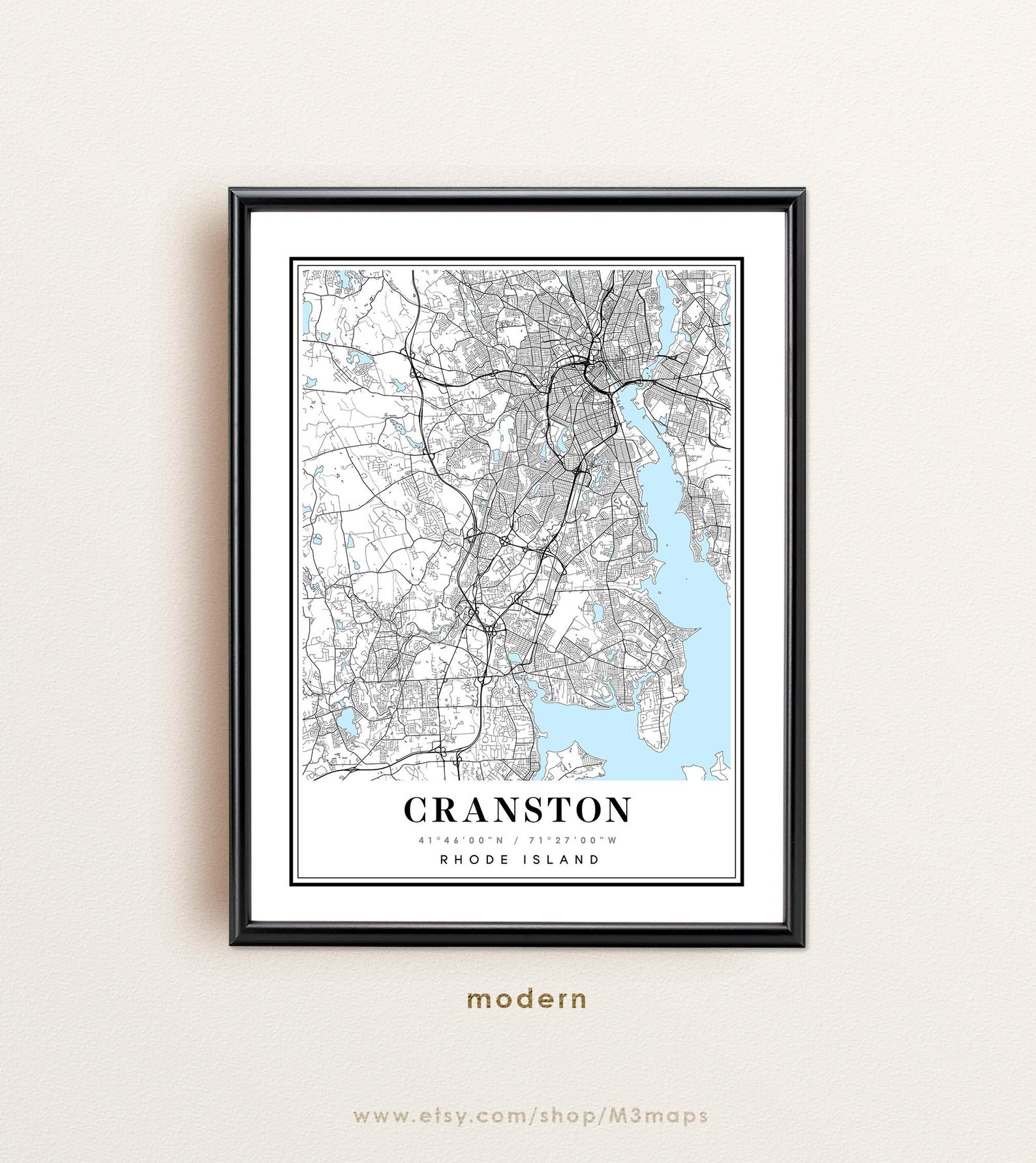Cranston Rhode Island map Cranston RI map Cranston city map | Etsy