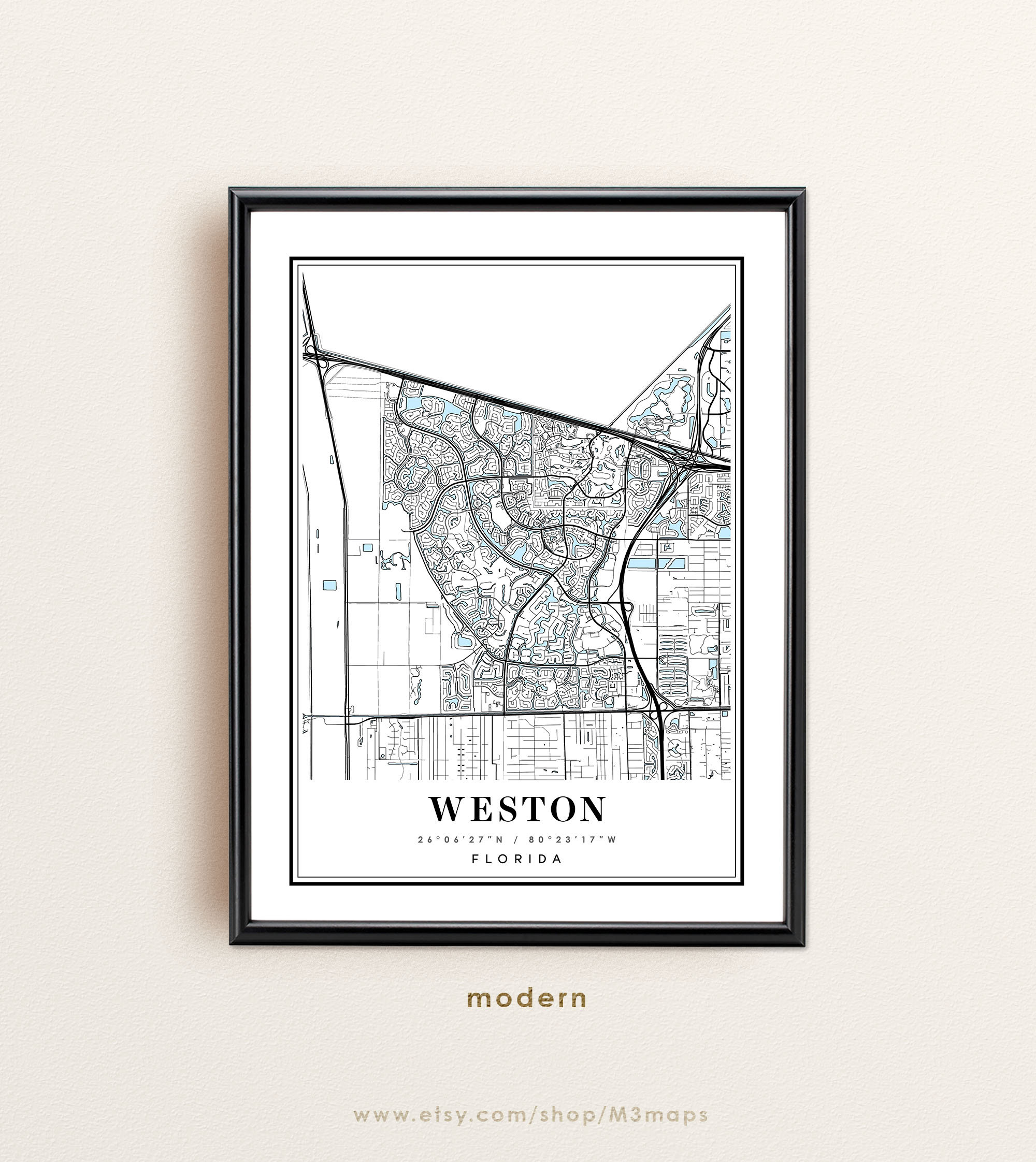 Weston Florida Map Weston FL Map Weston City Map Weston | Etsy