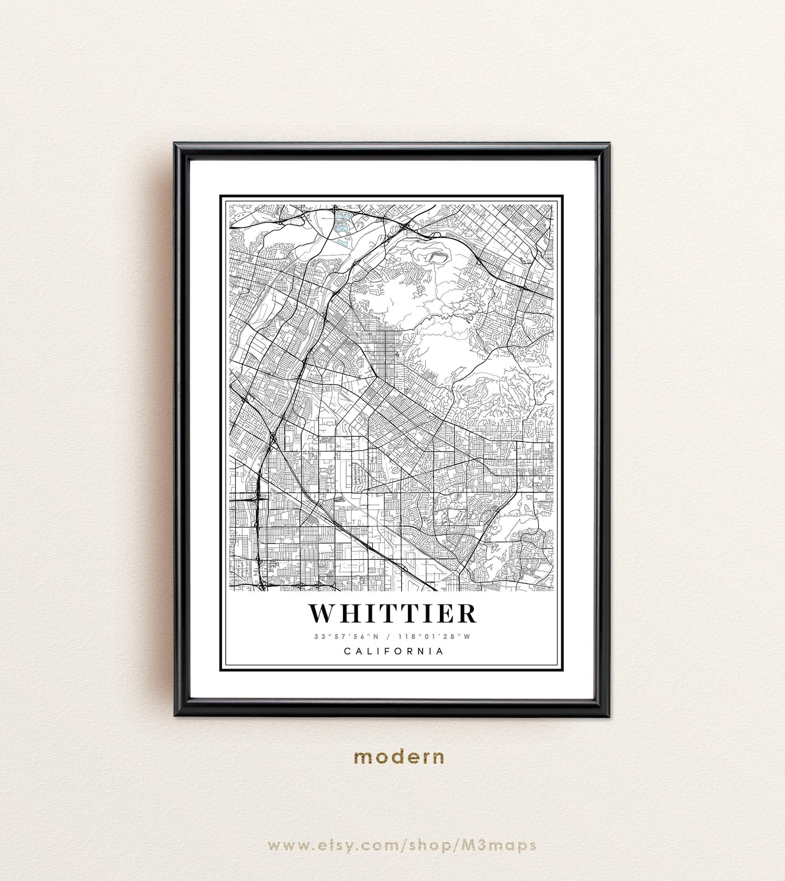 Whittier California map Whittier CA map Whittier city map | Etsy