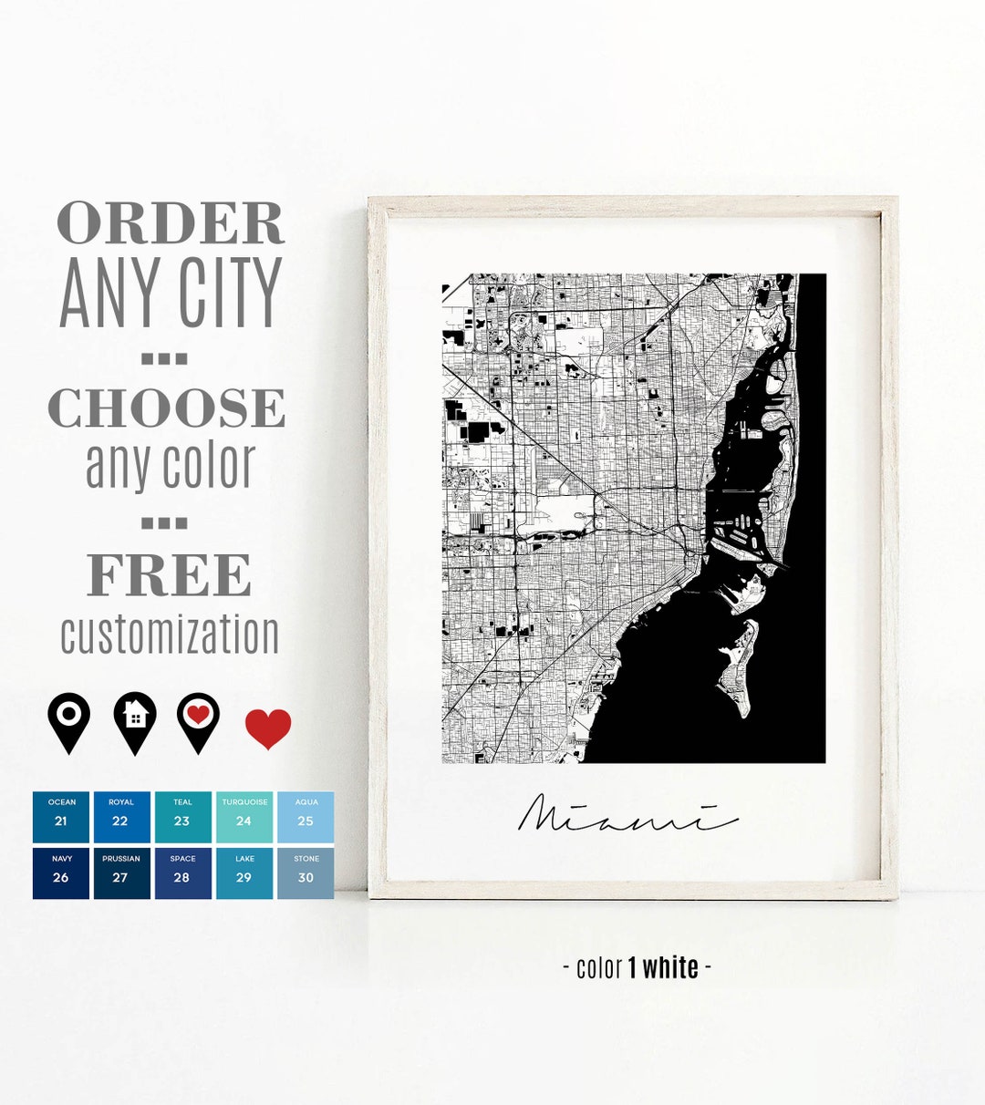 Miami, FL City Map Personalizable Poster Miami Florida Anniversary ...
