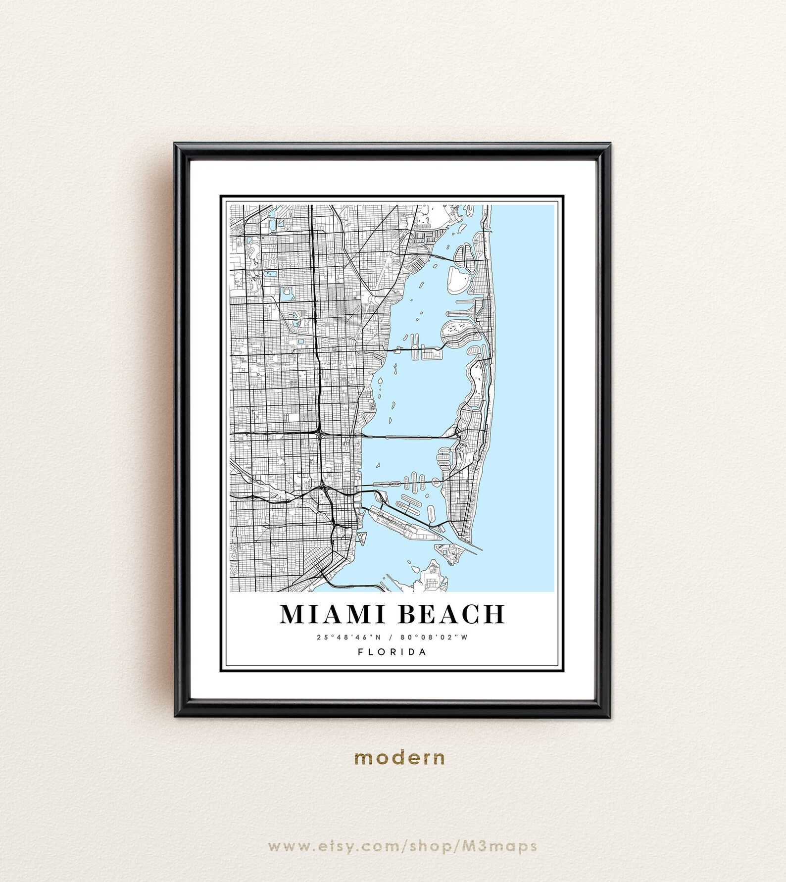 Miami Beach Map Art Print: Archival Quality, Custom Text Available - Etsy