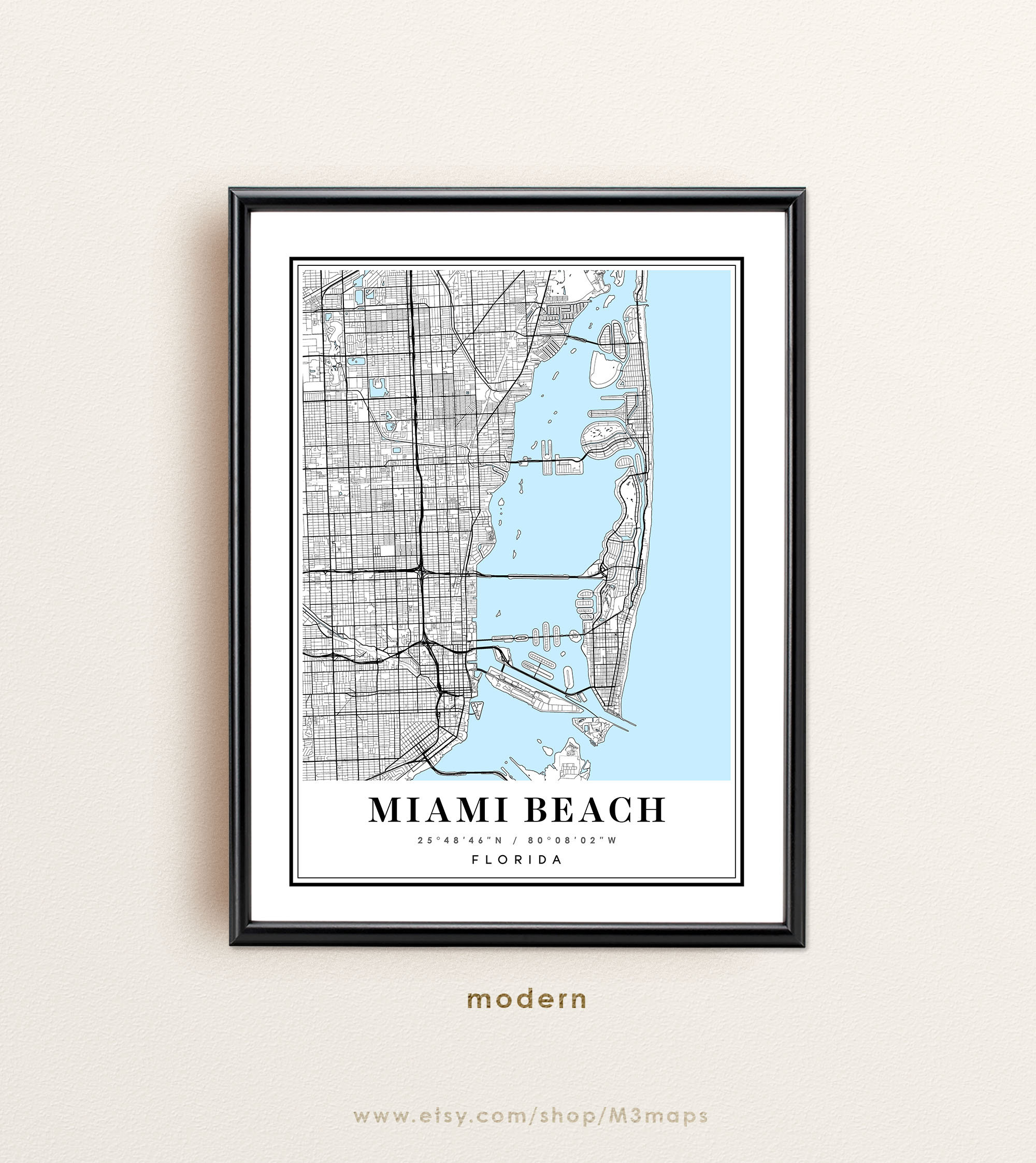 Miami Beach Florida Map Miami Beach FL Map Miami Beach City - Etsy Singapore
