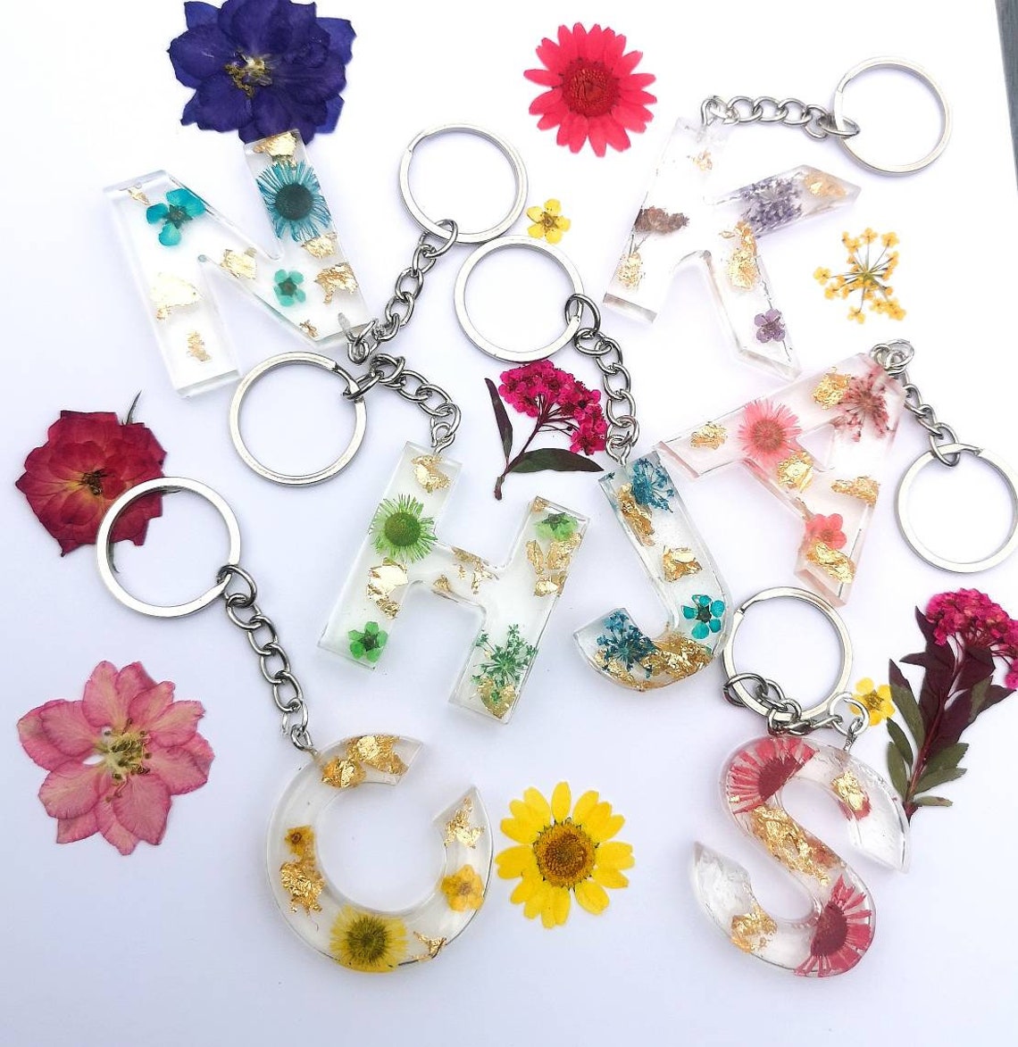 KEYRING KEYCHAIN LETTER Flower Present Gift Gold Silver Alphabet ...