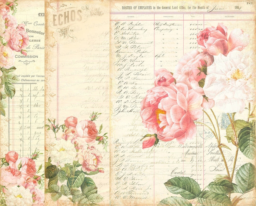 Floral Digital Paper, Vintage Rose Printable Paper, Floral Ledger Pages ...