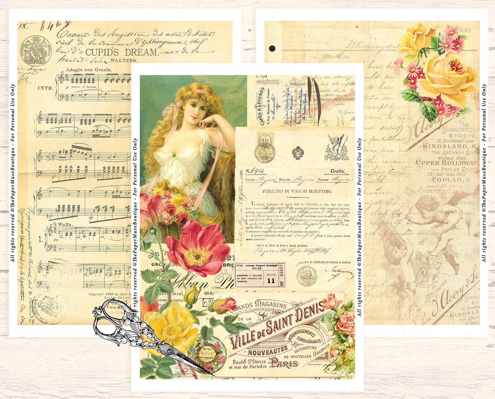 Antique Papers, Vintage French Ephemera, Printable Journal Paper, Junk ...