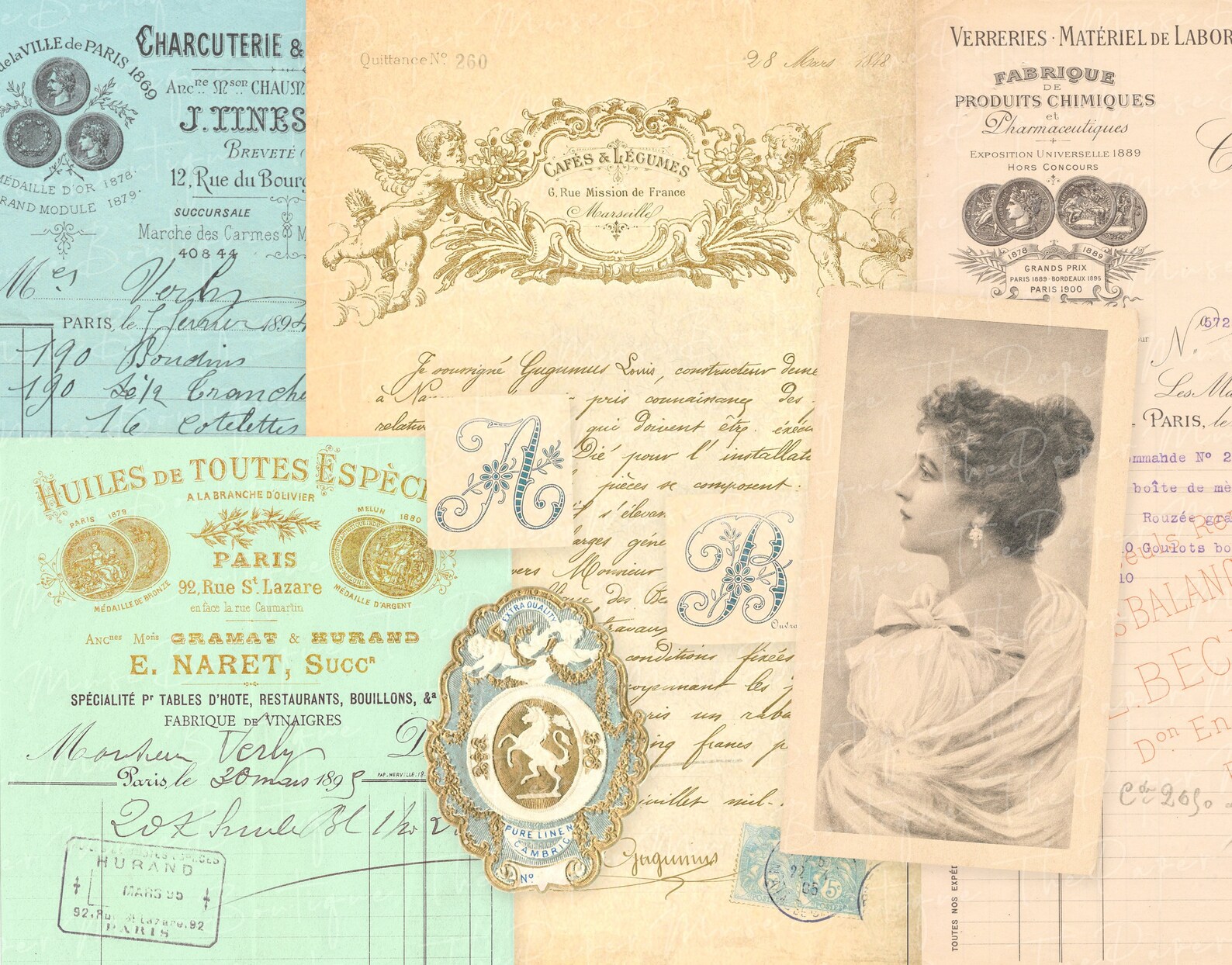 Antique Papers, Blue & Green Documents, Junk Journal Digital Collage ...