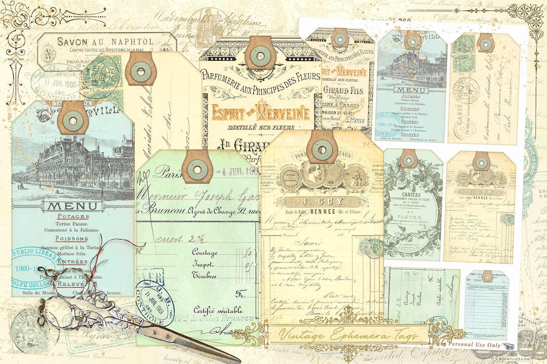 Vintage Ephemera Tags, Printable Journal Tags, Junk Journal Digital ...