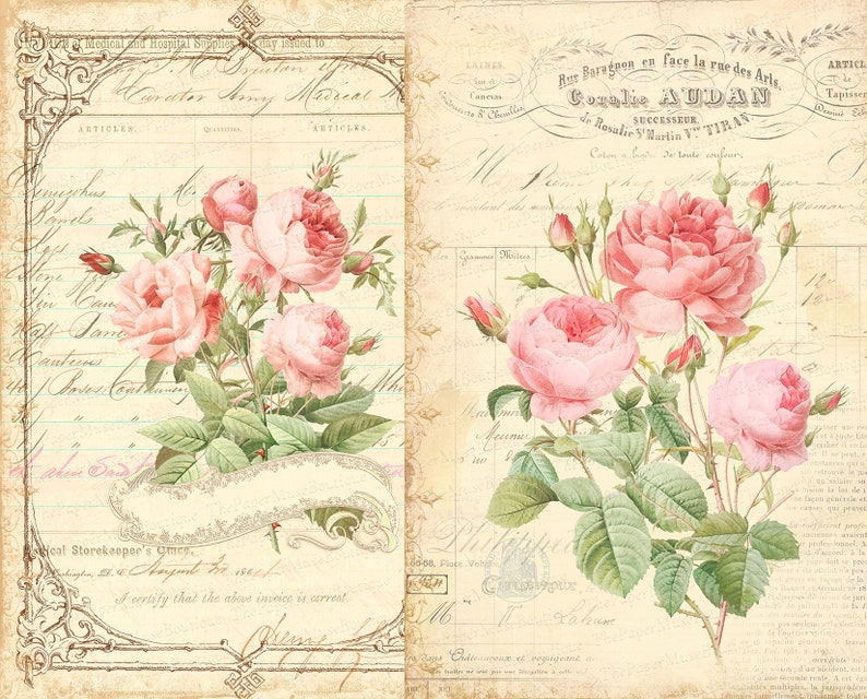 Floral Digital Paper, Vintage Rose Printable Paper, Floral Ledger Pages ...