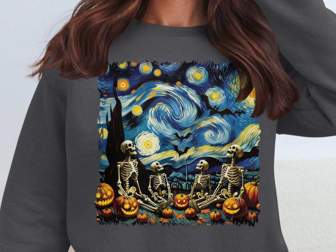 Van Gogh Starry Night Halloween Sweatshirt Skeletons and Pumpkins Scene ...
