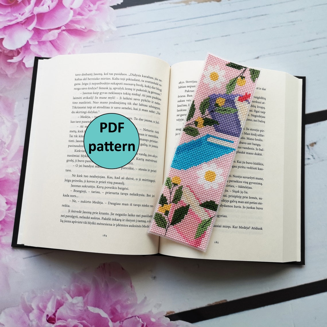 Bookmark Cross Stitch PDF Pattern Easy Embroider Scheme Pink Stitching ...