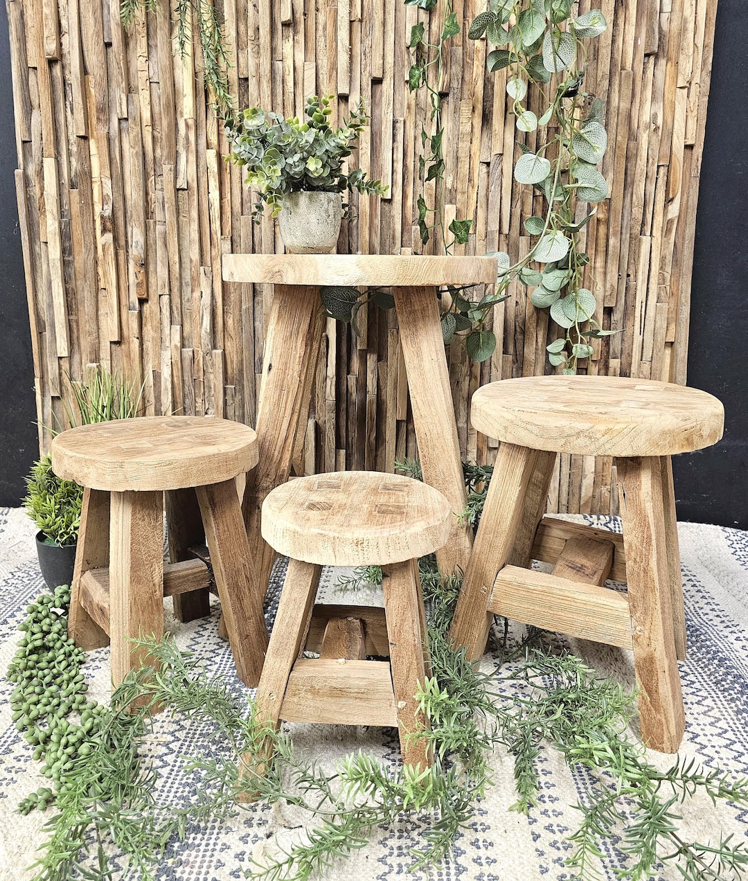 Handmade Rustic Teak Milkmaid Stool – Wooden Farmhouse Seat | Primitive ...