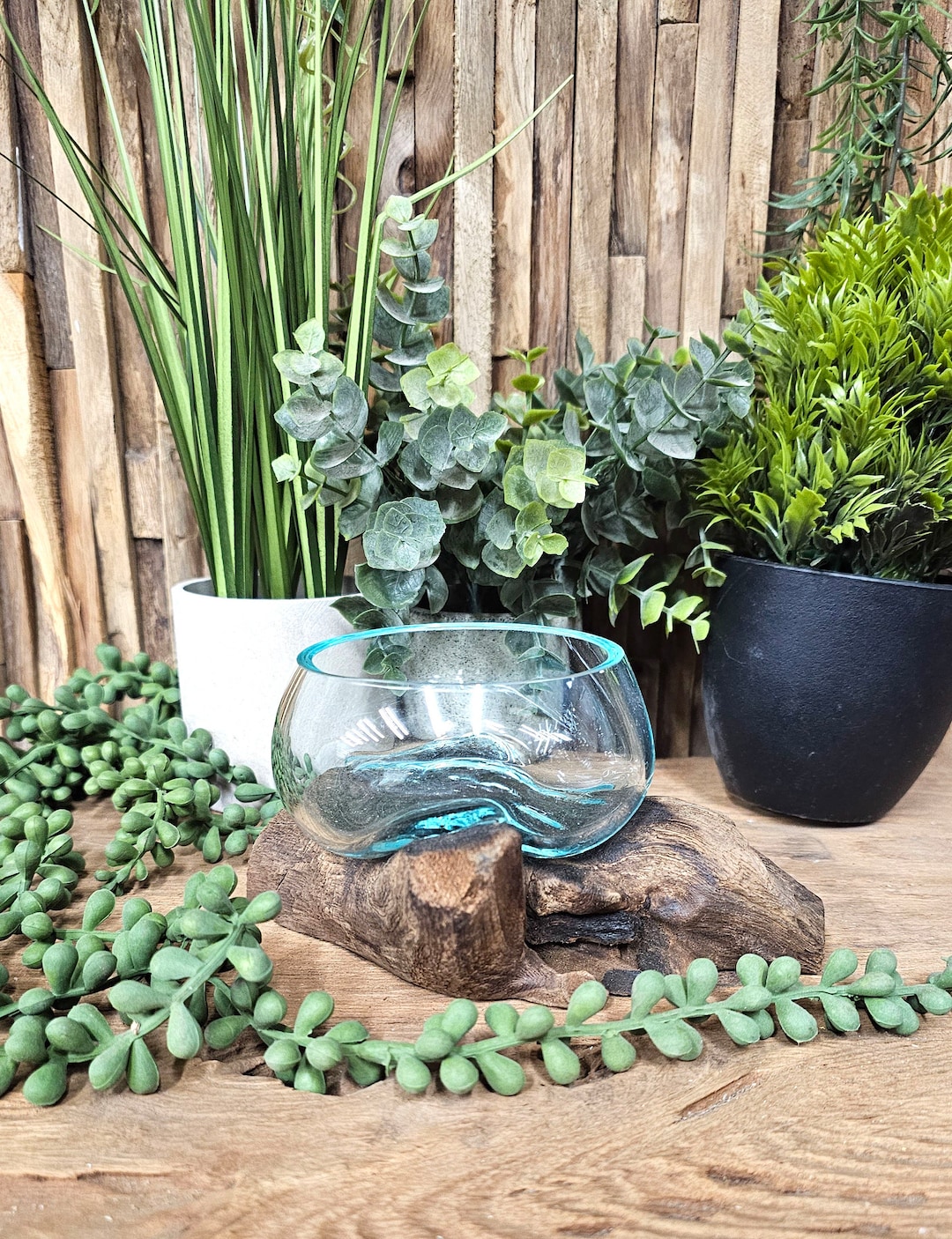 Small Molten Glass Bowl on Teak Root Base Hand Blown - Etsy UK