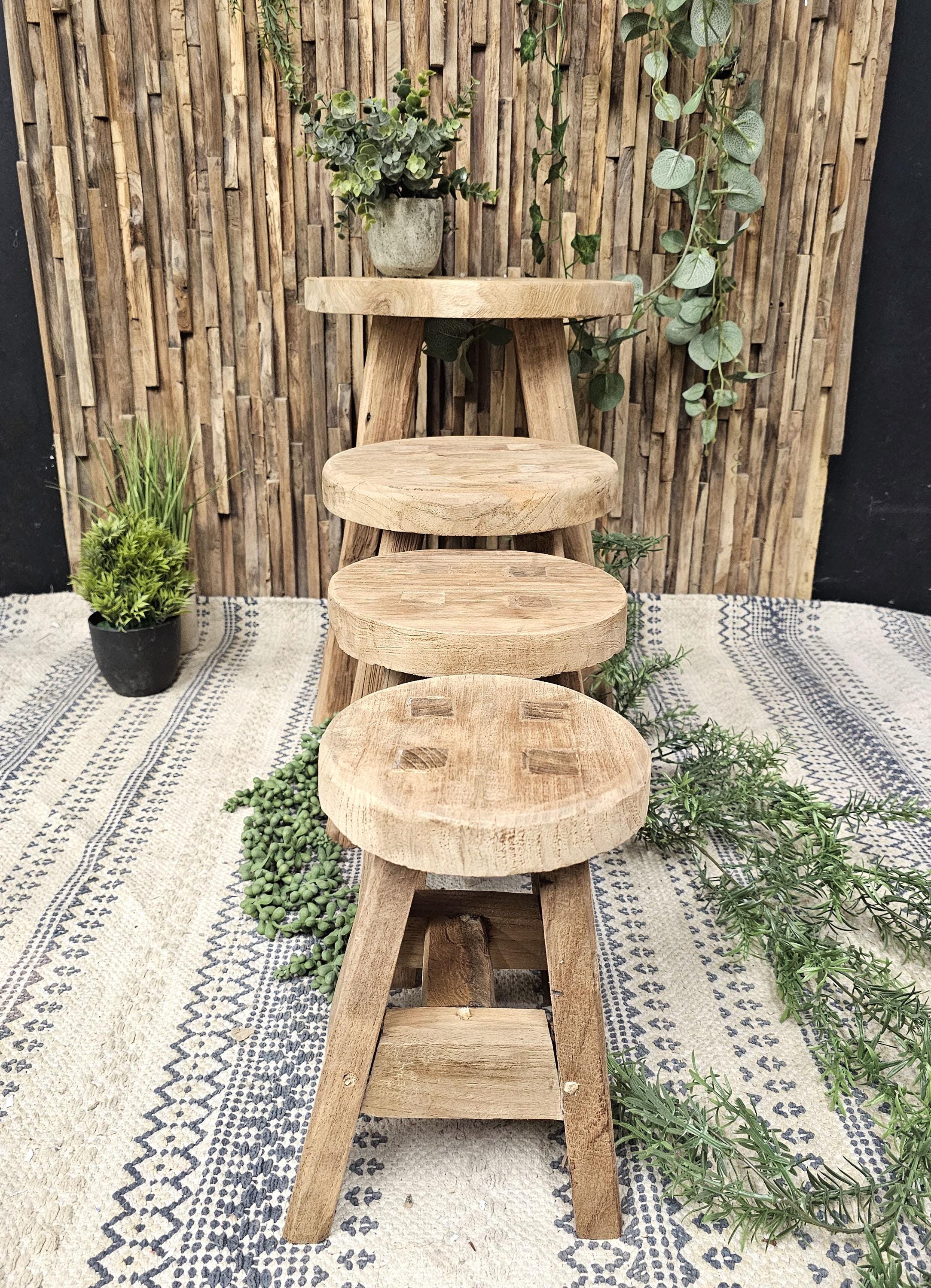 Handmade Rustic Teak Milkmaid Stool – Wooden Farmhouse Seat | Primitive ...