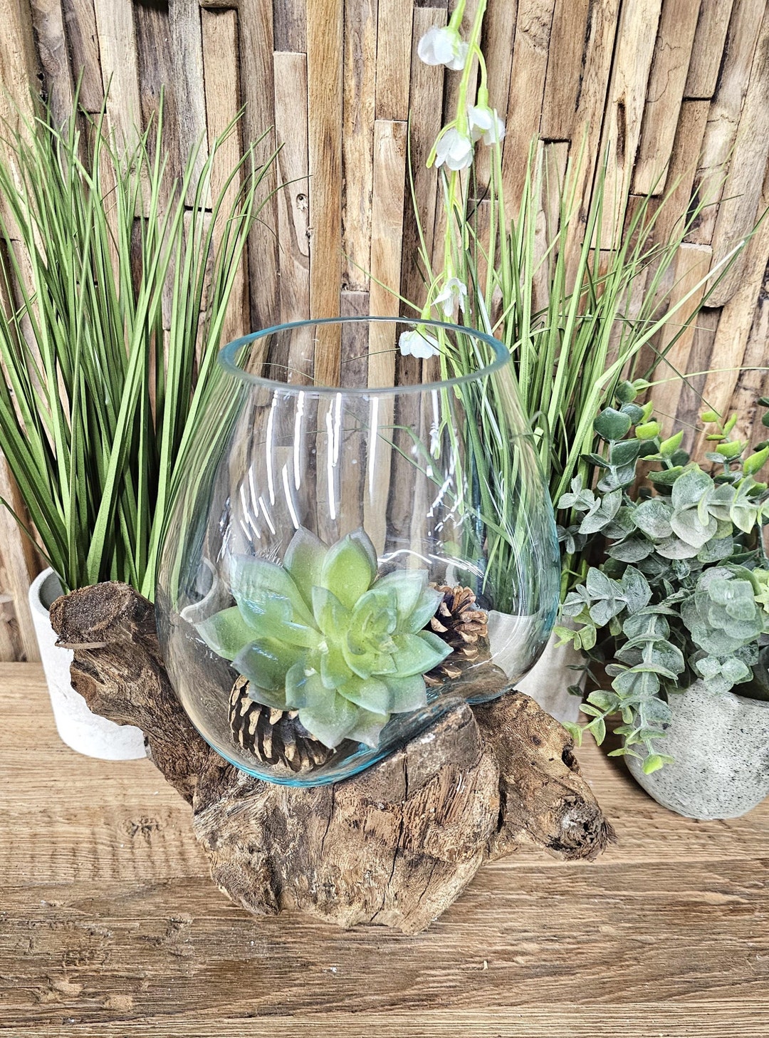 Hand Blown Glass Bowl on Teak Root Base – 15cm Bowl Diameter - Natural ...