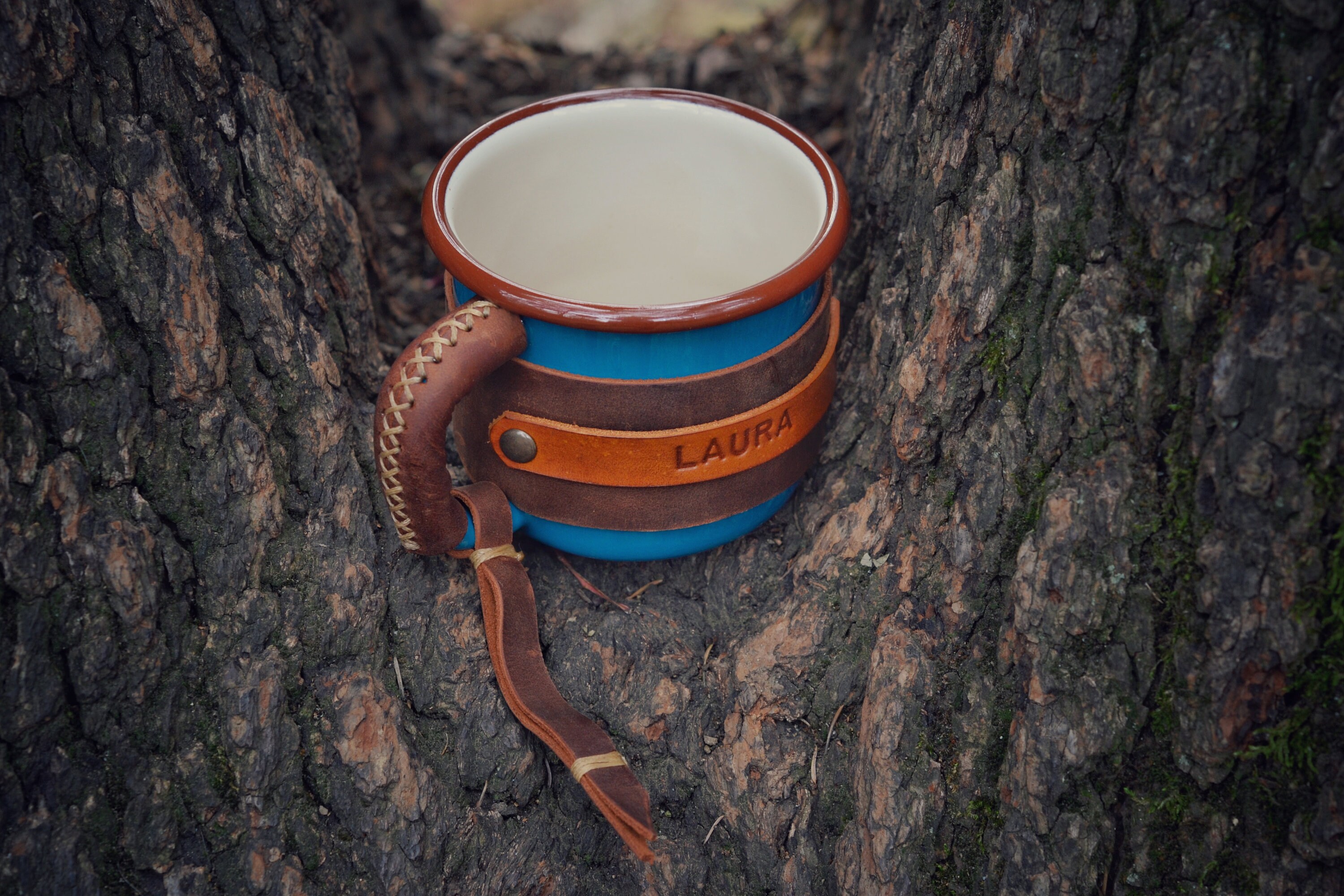 Personalized Blue Enamel Camp Mug With Leather Sleeve - Etsy