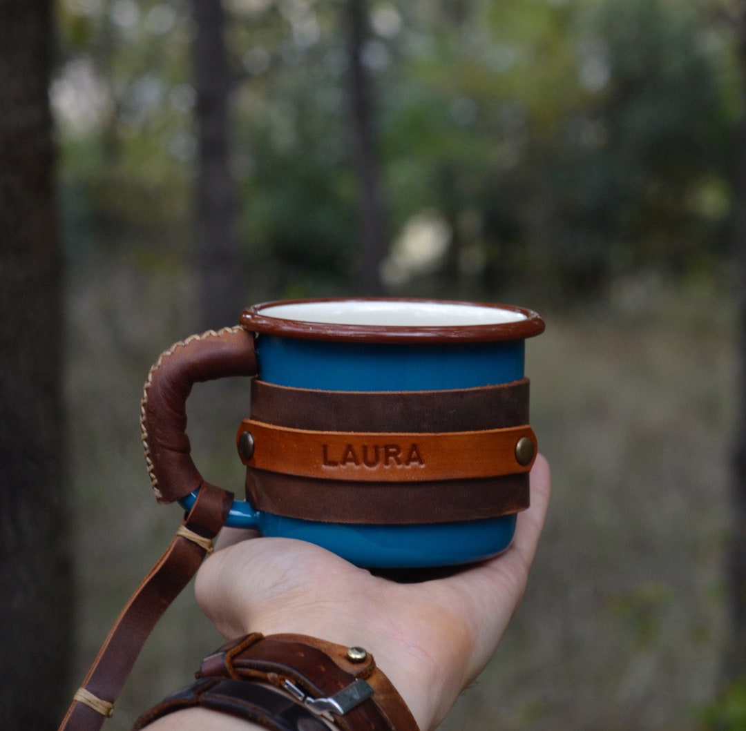 Personalized Blue Enamel Camp Mug With Leather Sleeve - Etsy