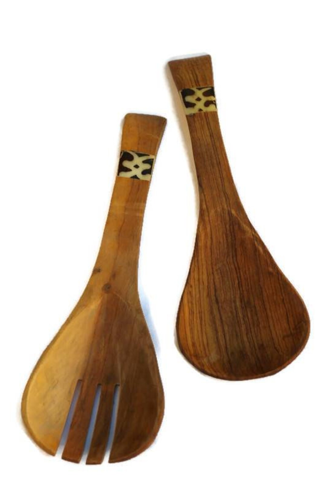 Olive Wood and Kenyan Batik Bone Salad Spoon and Spork Set. Amazing ...
