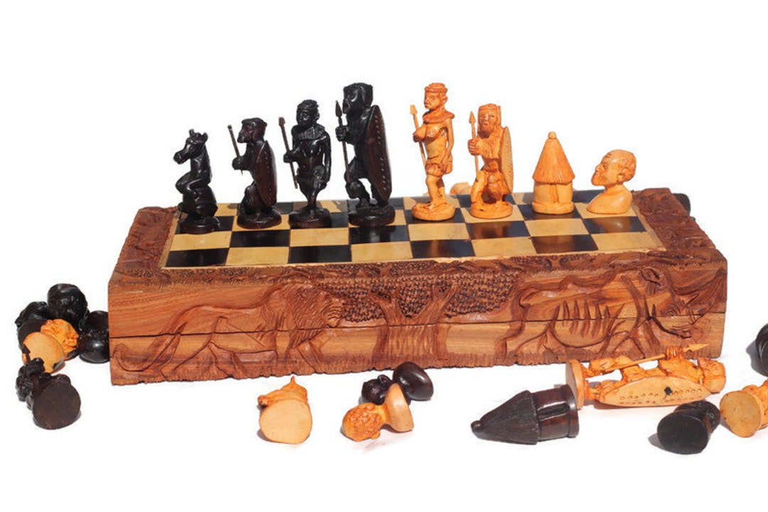 19" Zulu Warriors Chess Set Large Masterpiece. Zimbabwe Handcarved ...