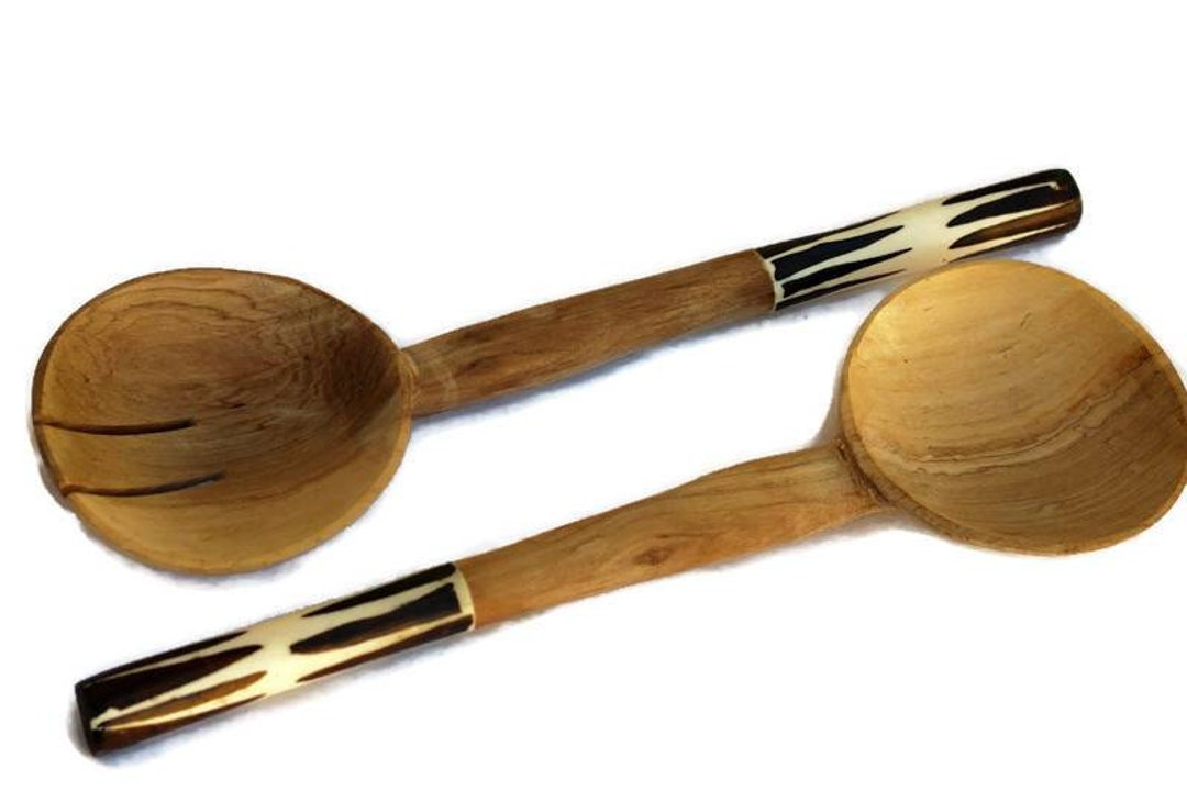 Olive Wood and Batik Bone Serving Spoons Set With Round Handles. Kenyan ...