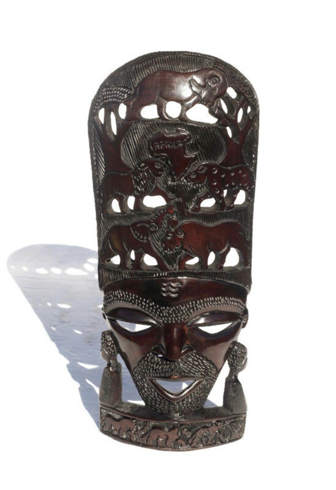 African Man Face Standing Mask With Big 5 Animal Carvings. Handcarved ...