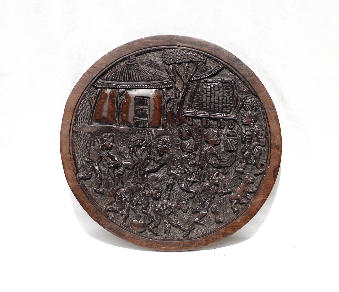 14.5 African Village Life Ebony Wood Wall Decor Panel. Hand Carved Wall ...