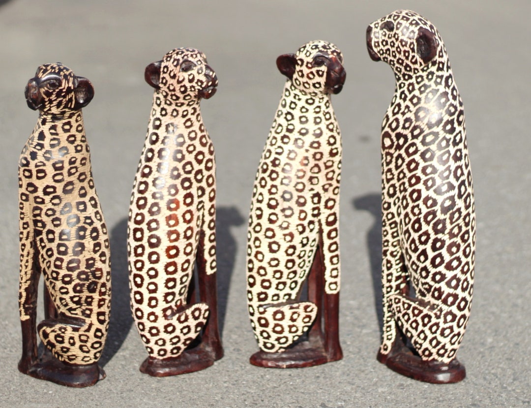Seating Leopard Figurines. Inner Olive Wood Dark Brown Polished and ...