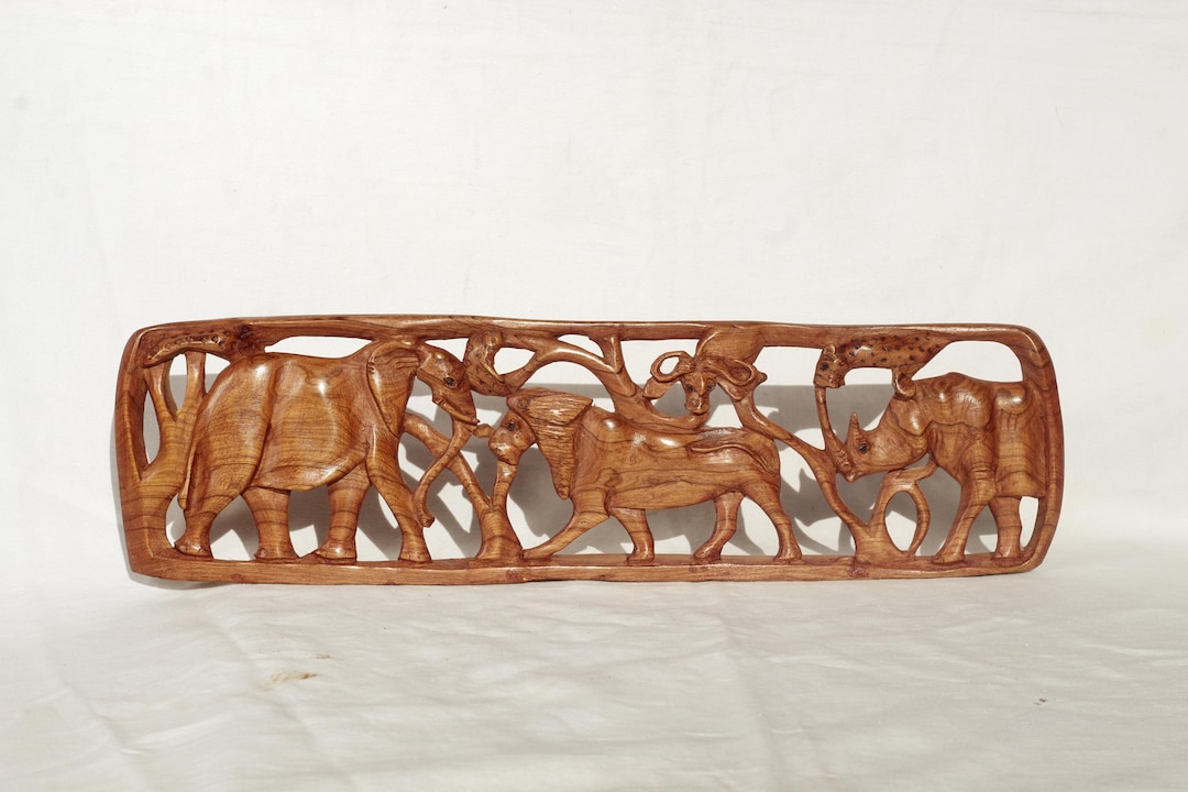 African Big Five Olive Wood Carved Table Decor Panel. Safari Animals ...