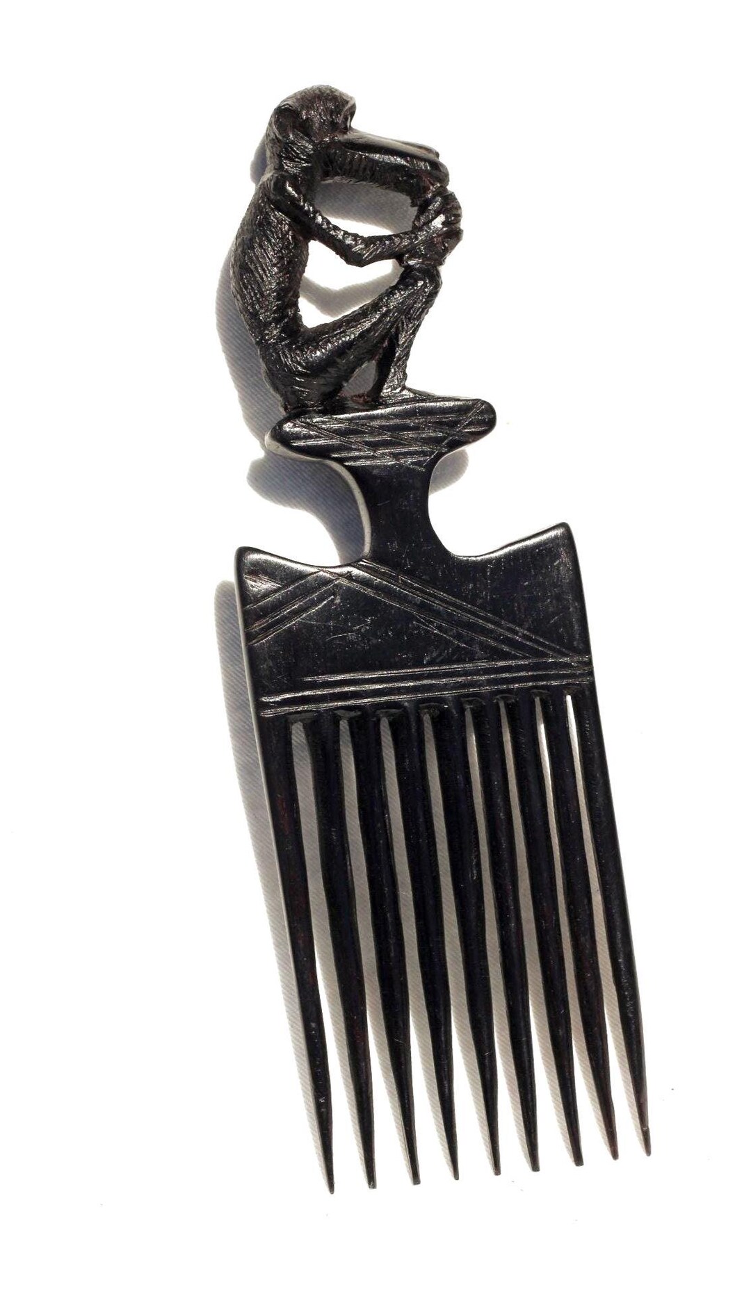 Genuine Ebony Wood Seating Eating Baboon Tanzanian Handcarved Afro Pick ...