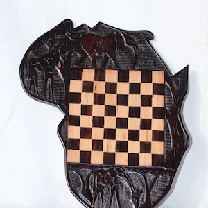 African Map Shaped Chess Set, Black Ebony and Olive Wood. Giraffe and ...