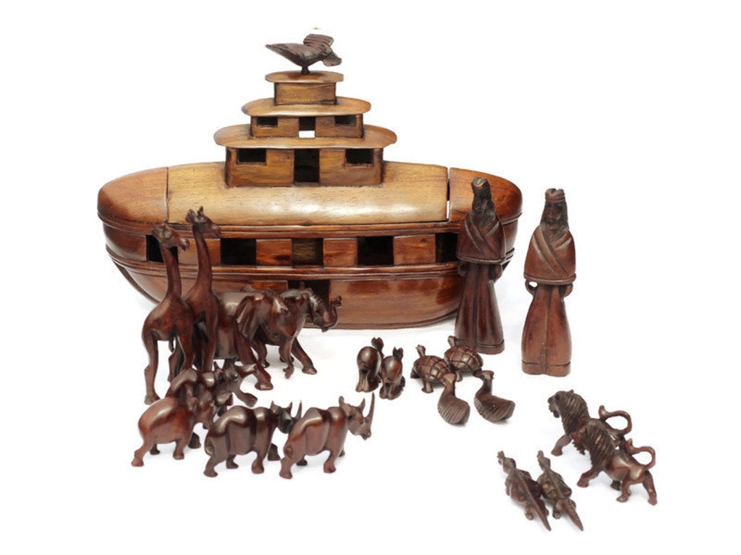 Noah's Ark Iron Wood Malawian Handcarved Masterpiece. 21 Pieces Animals ...