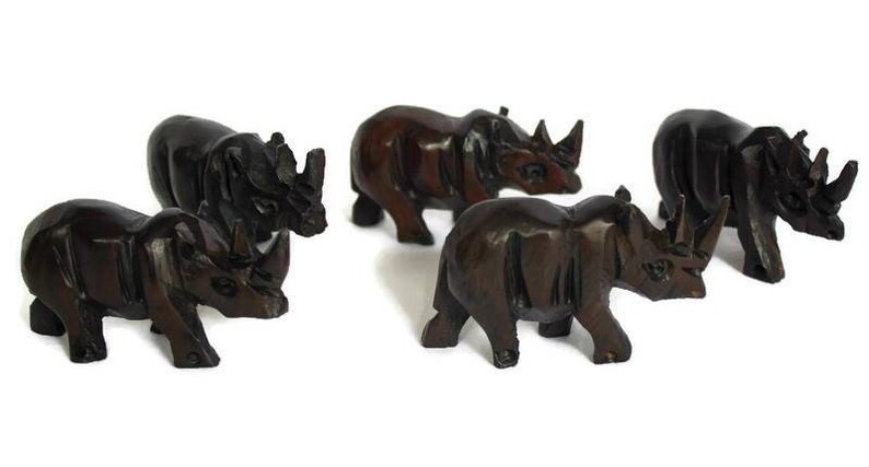 5 Carved Ebony Wood Rhino Figurines. Mini Decor Sculptures for | Etsy