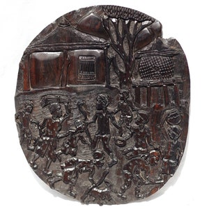 15" African Village Life Ebony Wood Wall Decor Panel. Hand Carved Wall ...