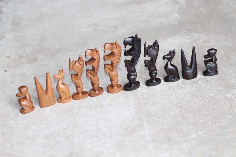 Vintage African Animals Chess Pieces Set. Ebony + Mahogany Wood Art ...