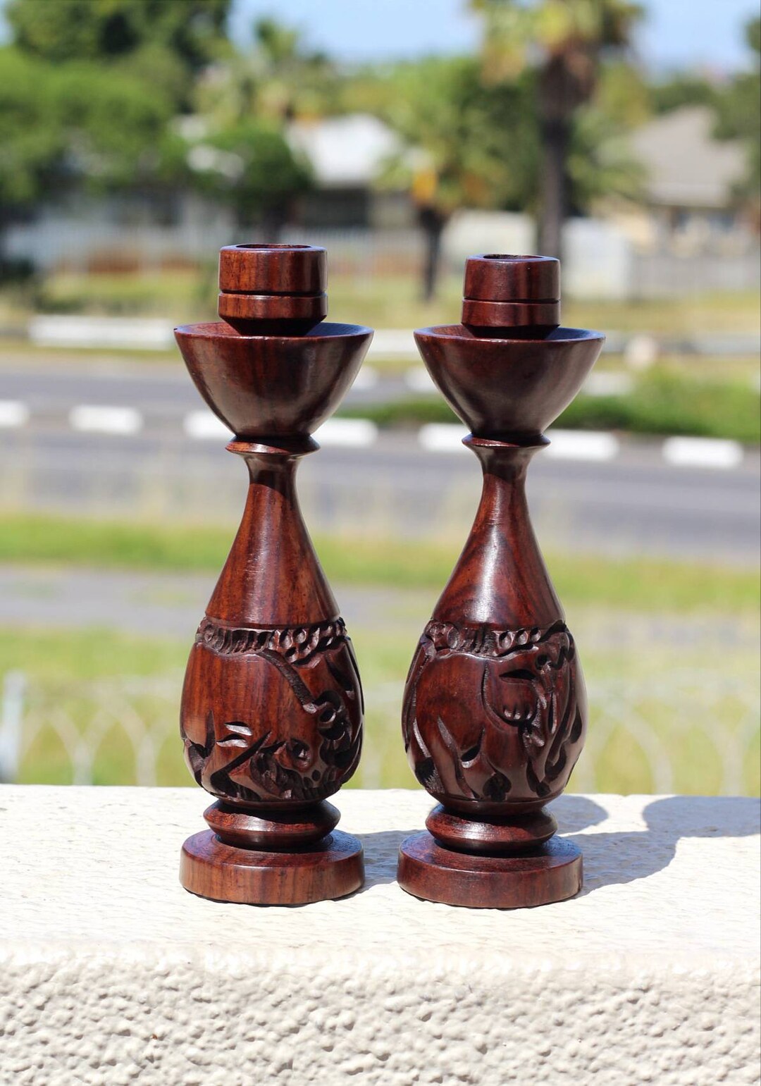 Set of 2 Carved Iron Wood Candlestick Stands for Home and Office Decor ...