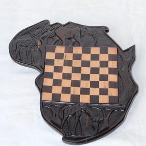 African Map Shaped Chess Set, Black Ebony and Olive Wood. Giraffe and ...